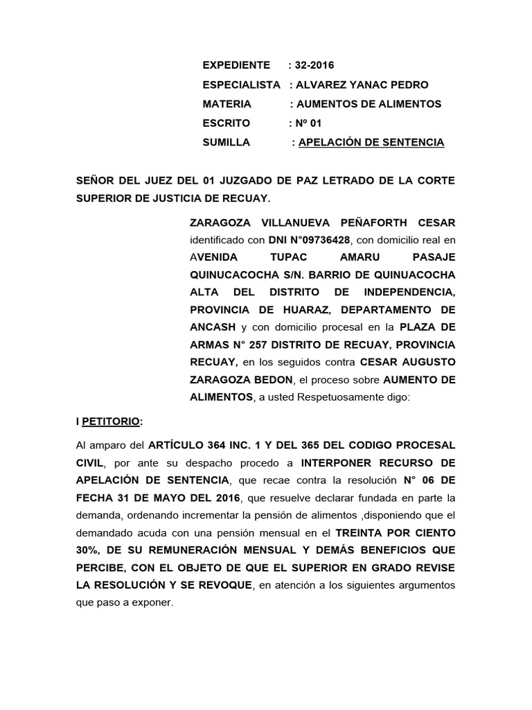Apelación de Aumento de Alimentos 2016 | PDF | Ley procesal | Apelación