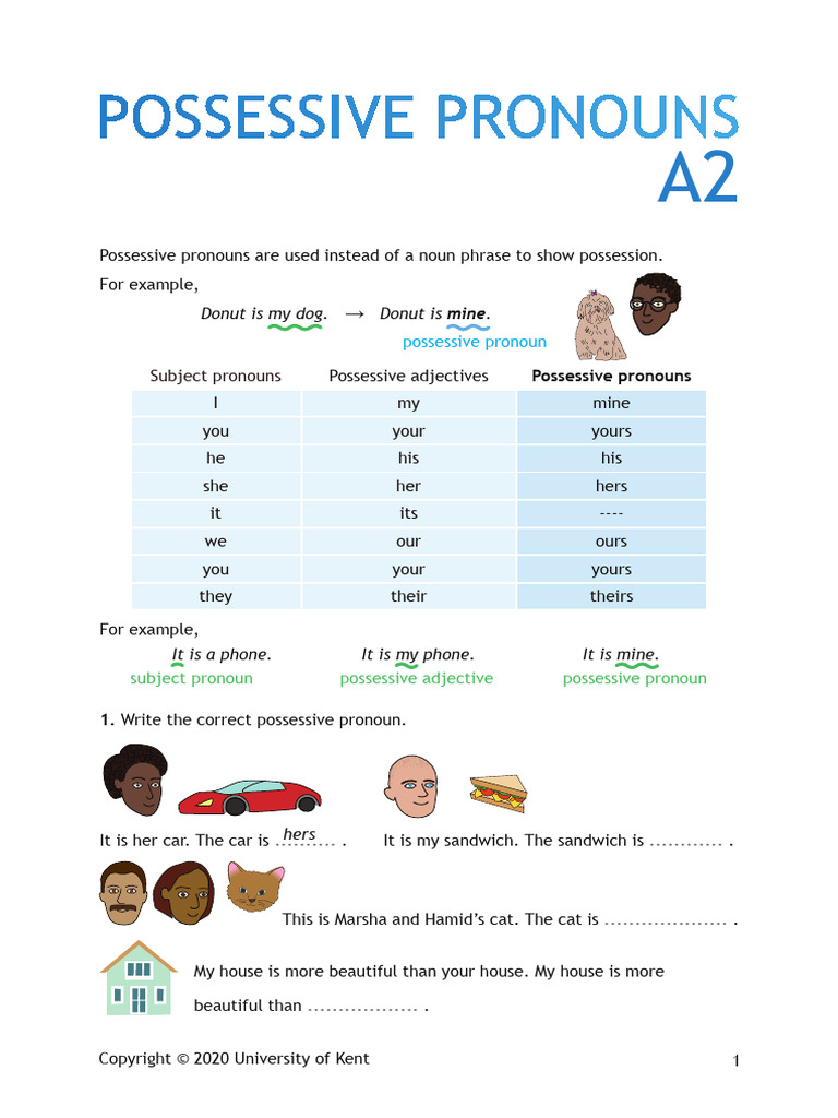 Possessive Pronouns A2 Students Worksheet | PDF | Pronoun | Linguistics