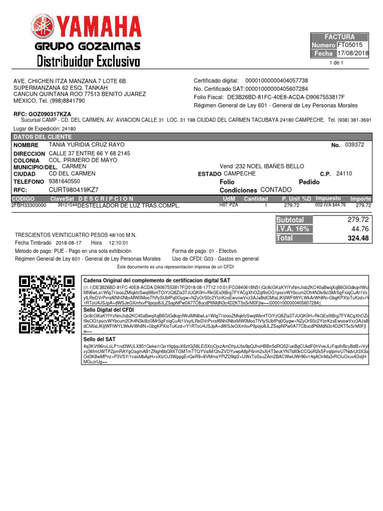 Factura Yamaha Quintana Roo | PDF