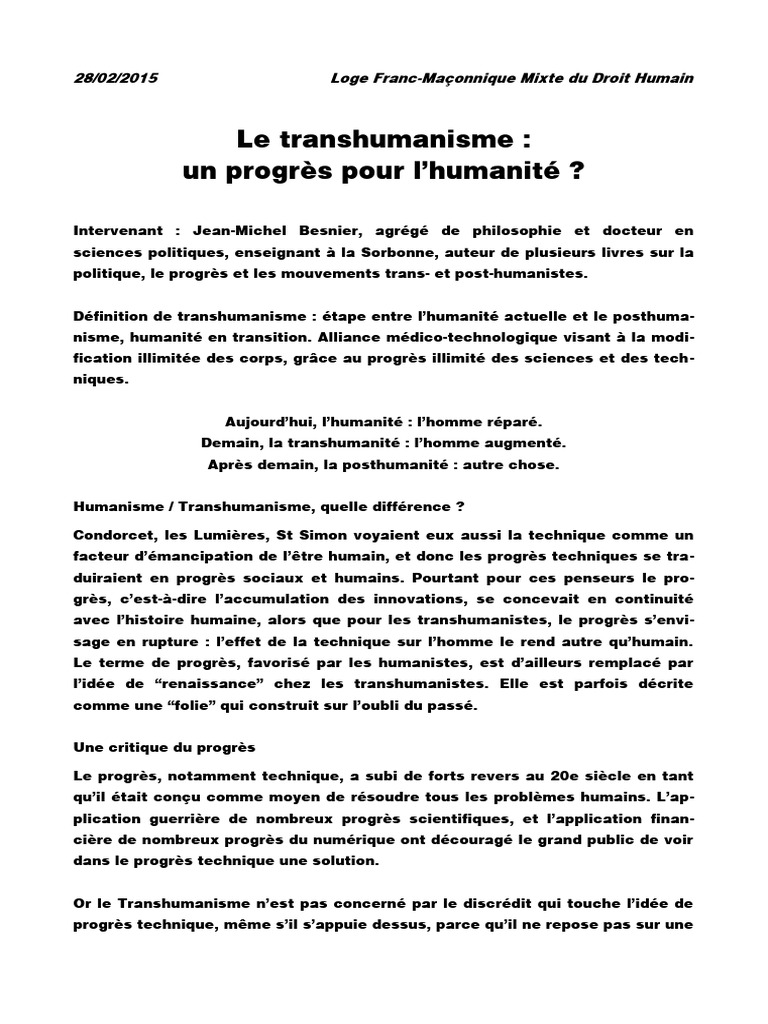 Le Transhumanisme : Progrès ou Folie ? | PDF | Transhumanisme | Humain