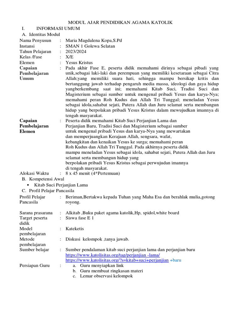 Modul Ajar Pendidikan Agama Katolik Fix Observasi | PDF | Agama & Spiritualitas