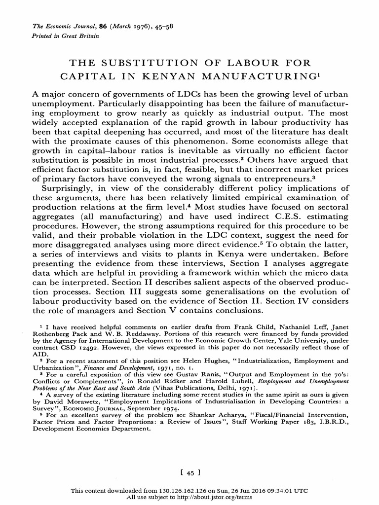 The Substitution of Labour For Capital in Kenyan Manufacturing - Howard ...
