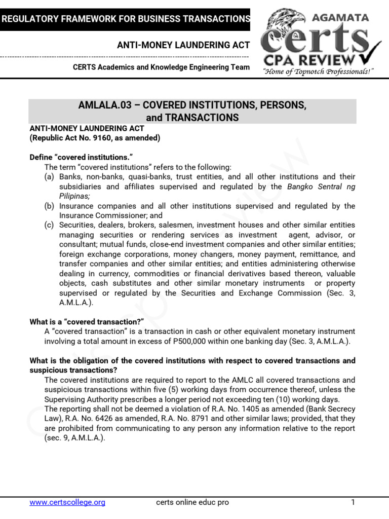 Covered Institutions, Persons, and Transactions | PDF | Money ...