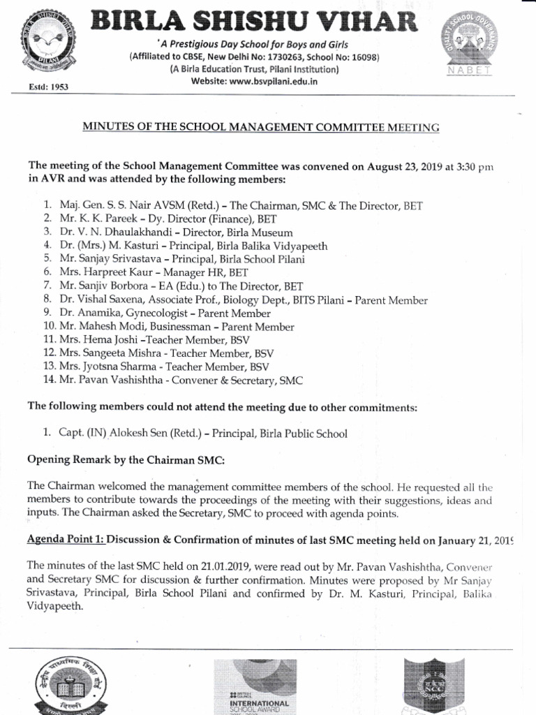 Minutes of The School Management Committee Meeting 2019 | PDF