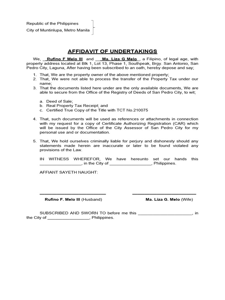 Affidavit of Undertaking | PDF