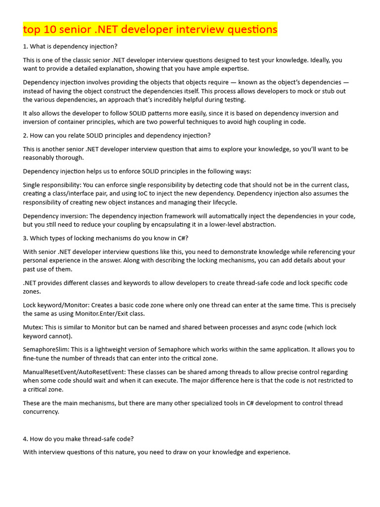 Senior .NET Developer Interview Prep | PDF | Class (Computer ...