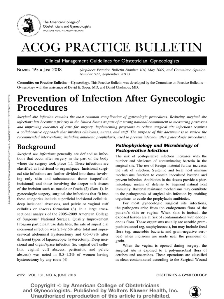 Prevention of Infection After Gynecologic Procedures ACOG 2018 | PDF ...