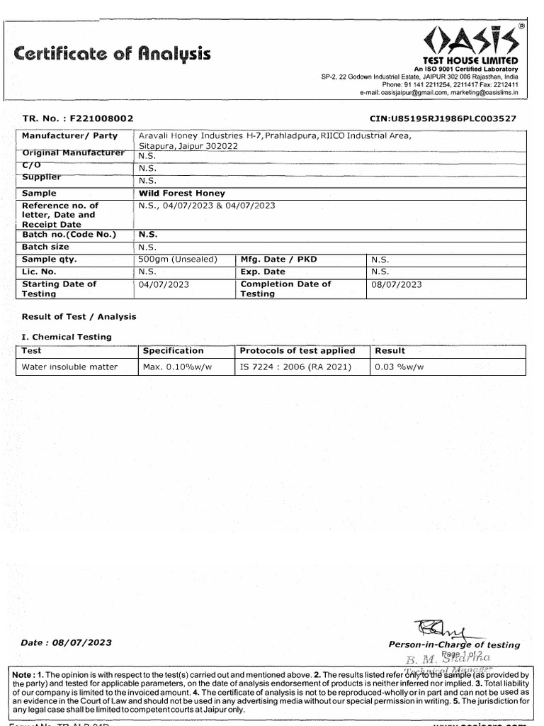 Certificate of Analysis for Wild Forest Honey | PDF | Sucrose