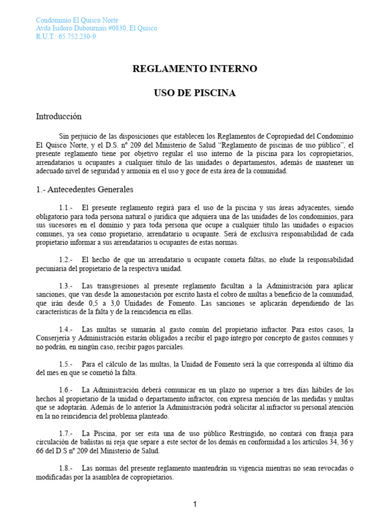 Reglamento Interno Uso de Piscina: Introducción | PDF | Condominio ...