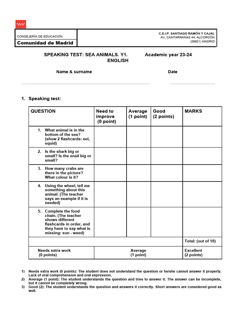 Test Sea Animals | PDF | Teaching Methods & Materials