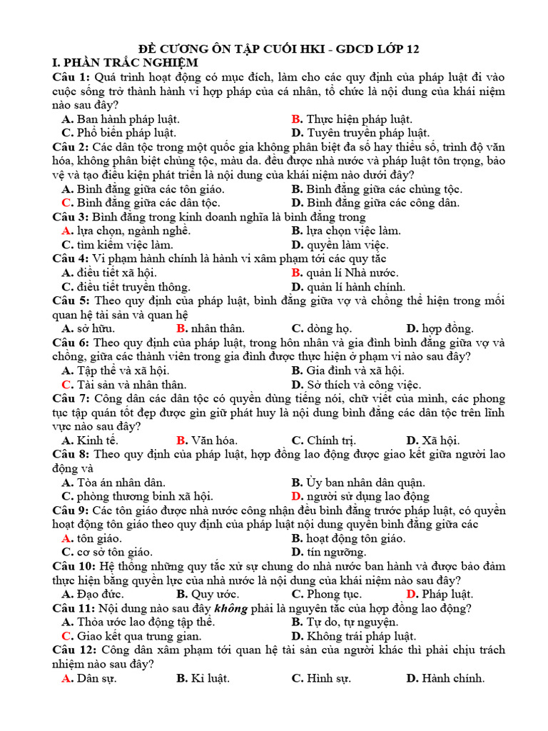 ĐỀ CƯƠNG ÔN TẬP CUỐI HKI GDCD 12 | PDF