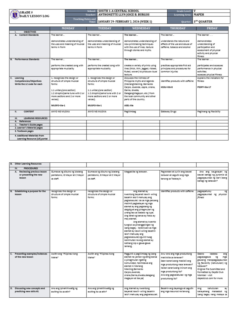DLL - Mapeh 5 - Q3 - W1 | PDF | Teachers | Learning