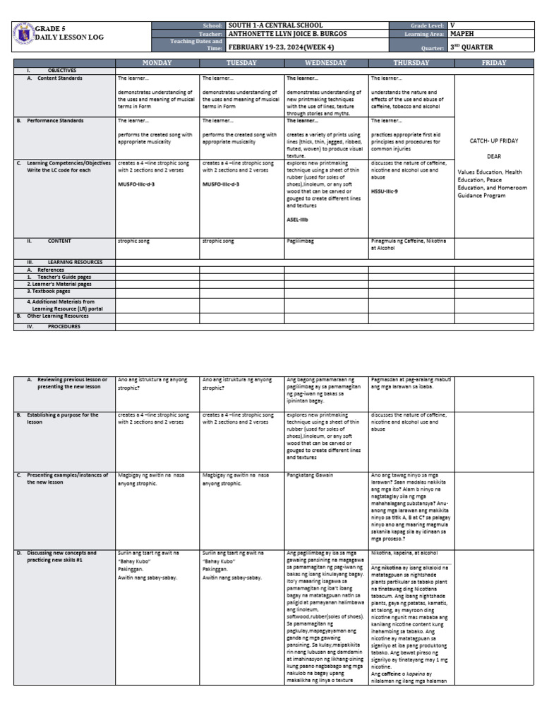DLL - Mapeh 5 - Q3 - W4 | PDF | Differentiated Instruction | Cognition