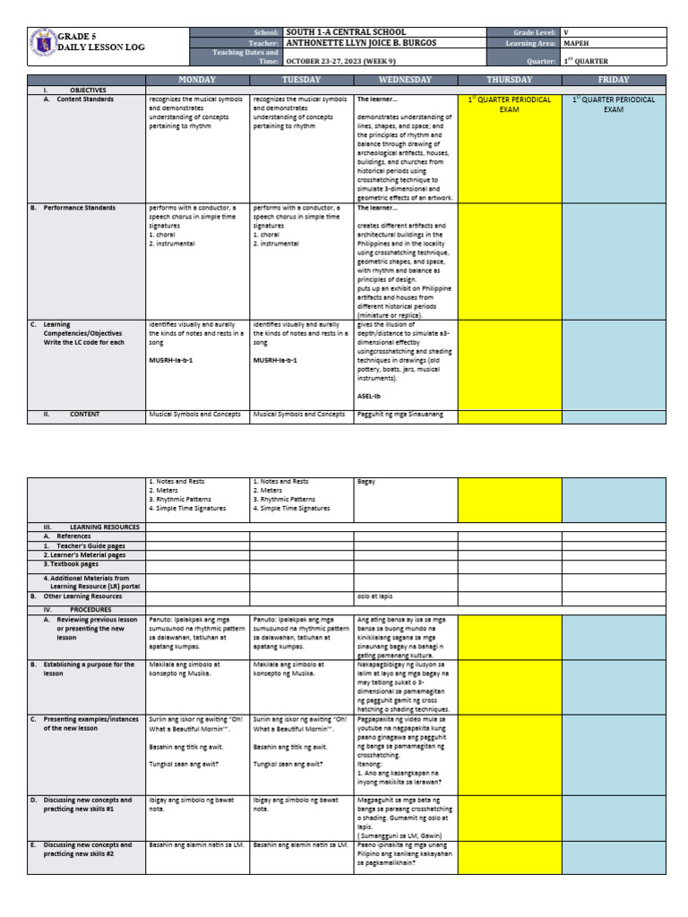 DLL - Mapeh 5 - Q1 - W9 | PDF