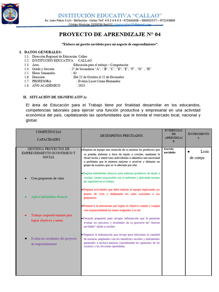 Proyecto de Aprendizaje Iv Bimestre - 2° - Evelyn Cerna Hernandez | PDF | Iniciativa empresarial