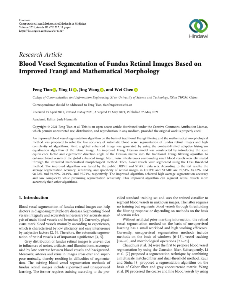 Blood Vessel Segmentation in Fundus Images Using Hessian Matrix for ... Blood Vessel Segmentation in Fundus Images Using Hessian Matrix for ...
