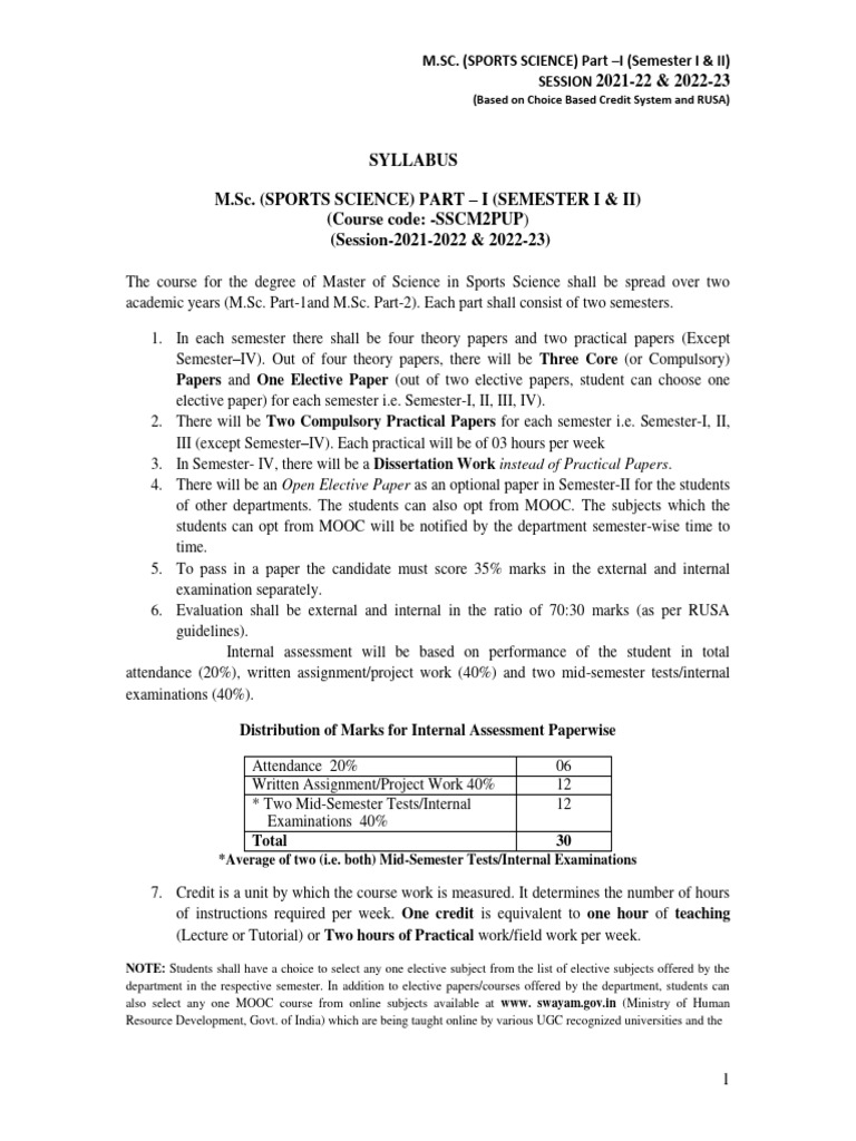 M.sc. Sports Science Part-I (Sem. I & II) | PDF | Educational Assessment | Metabolism