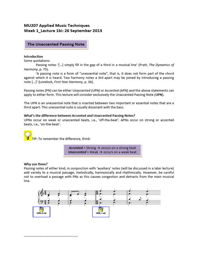 Lecture 1b.1 - The Unaccented Passing Note | PDF | Interval (Music) | Harmony
