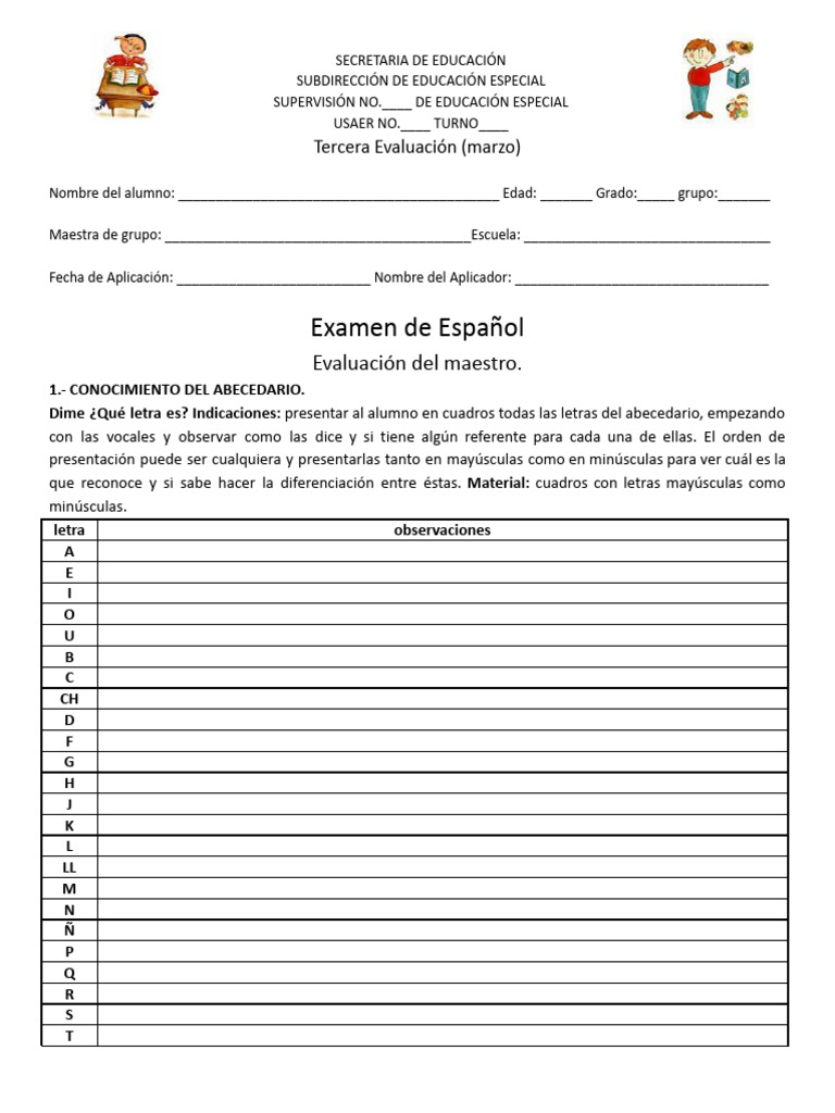 Maestro Evaluación de Español 1° PALE | PDF | Alfabeto | Comunicación ...
