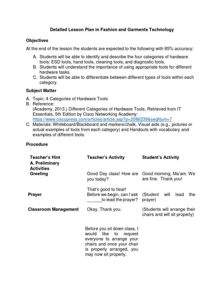 Detailed Lesson Plan in Fashion and Garments Technology | PDF ...