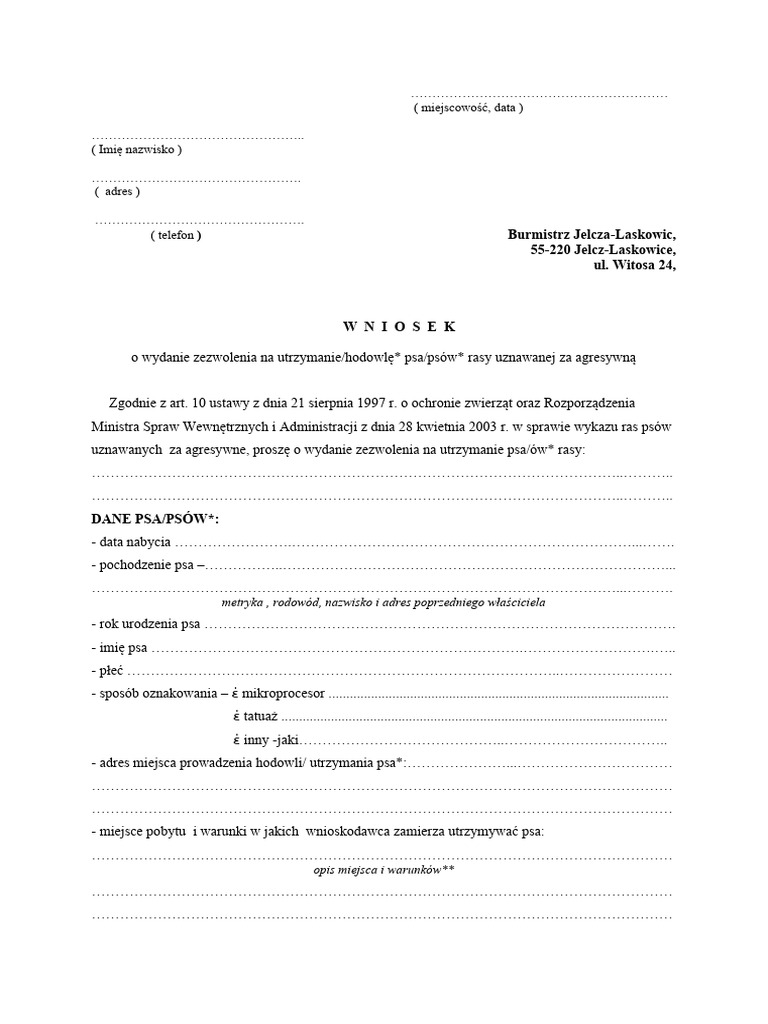 Wniosek o Pozwolenie Na Psa Rasy Agr. | PDF