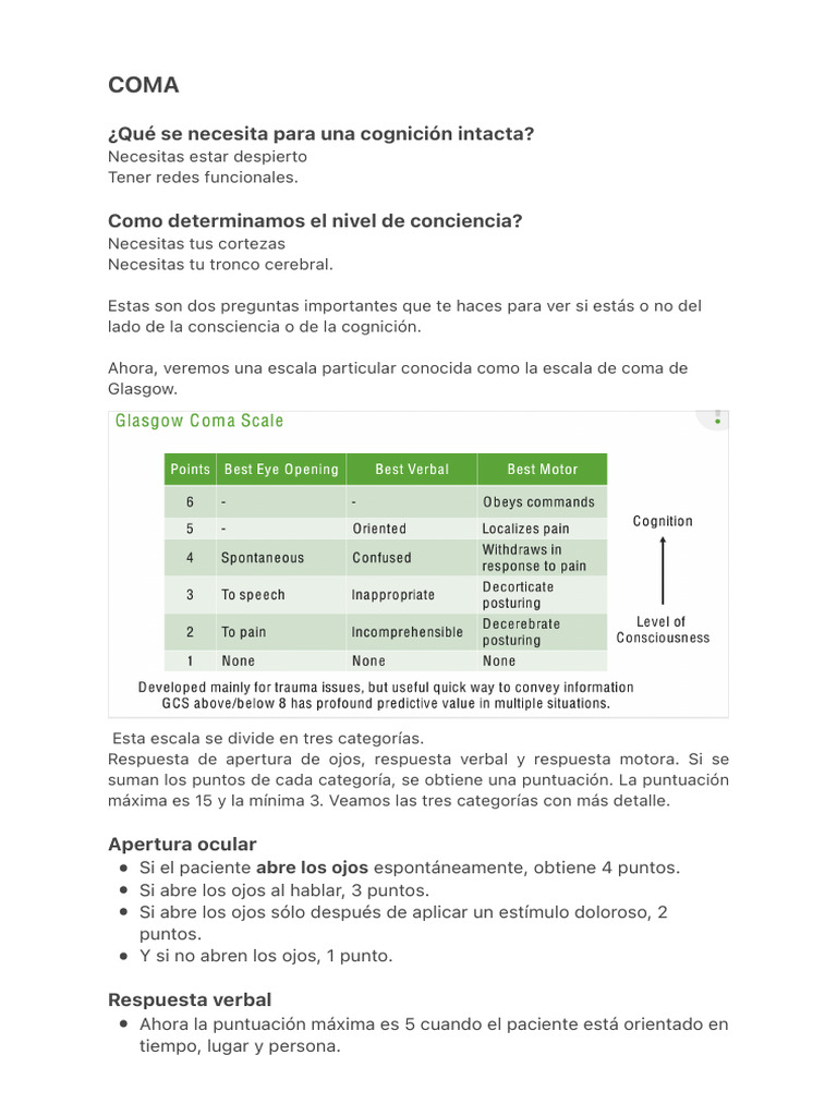 Escala de Coma de Glasgow y Delirio | PDF | Coma | Medicina CLINICA
