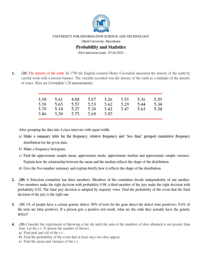 First Exam - Probabilty and Statistics - Second | PDF | Median ...