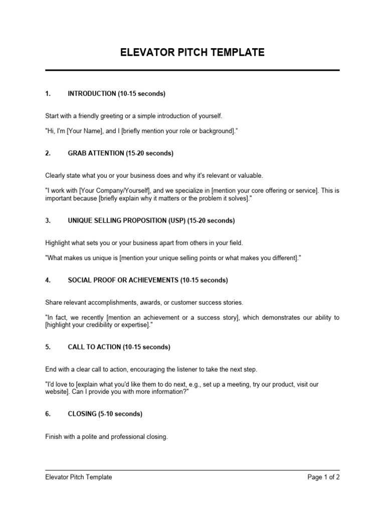Elevator Pitch Template | Download Free PDF | Digital Marketing ...