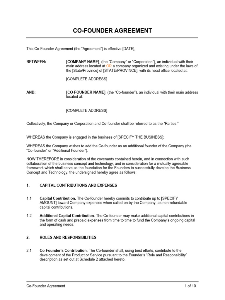 Co-Founder Agreement Template PDF | PDF | Stocks | Vesting
