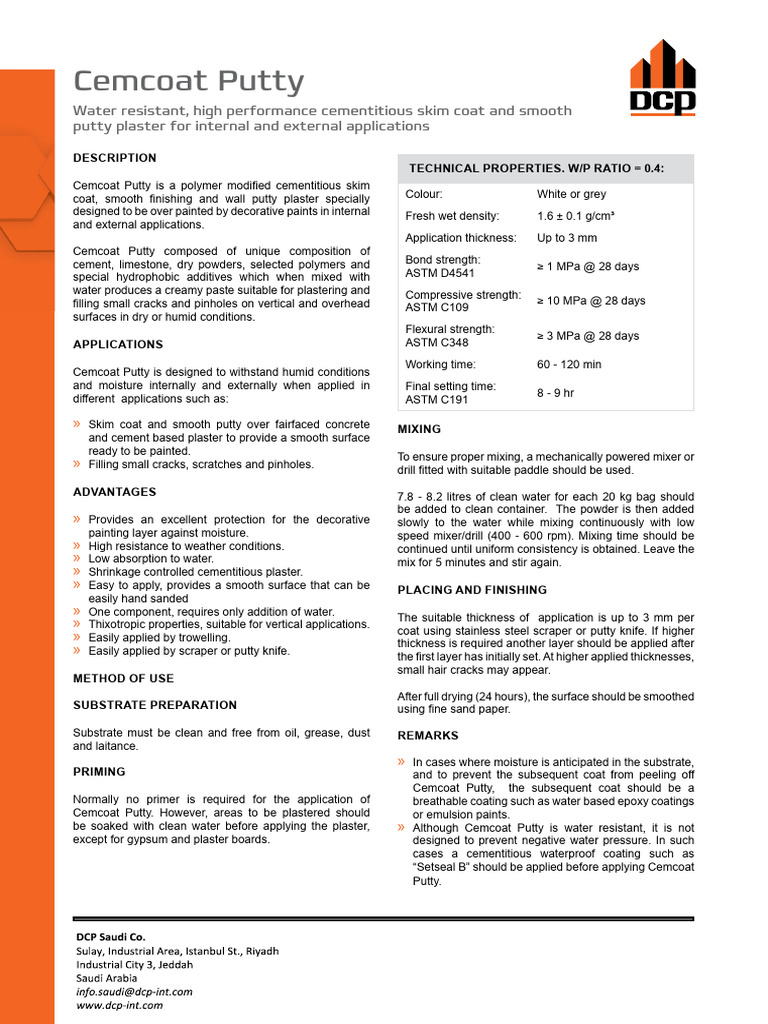 Cemcoat Putty - TDS - 13 | PDF | Plaster | Concrete