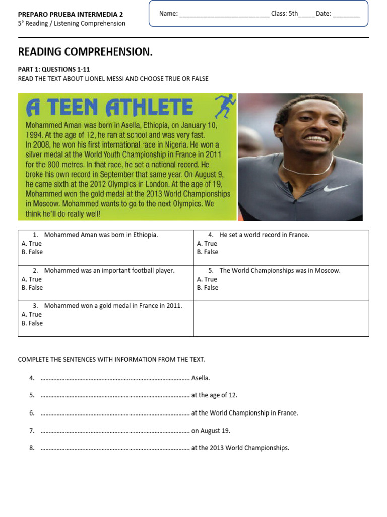 Intermediate Test: Reading Comprehension | PDF | Sports & Recreation