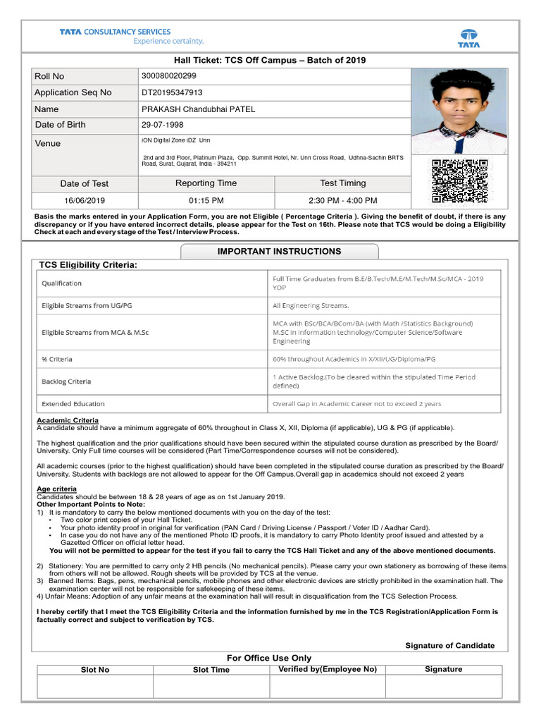 Roll No: Hall Ticket: TCS Off Campus - Batch of 2019 | PDF | Access Control | Authentication