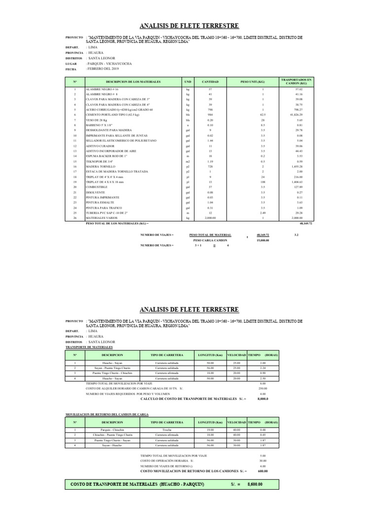 Calculo Flete Terrestre Parquin Carretera Ok | PDF | Materiales | Infraestructura