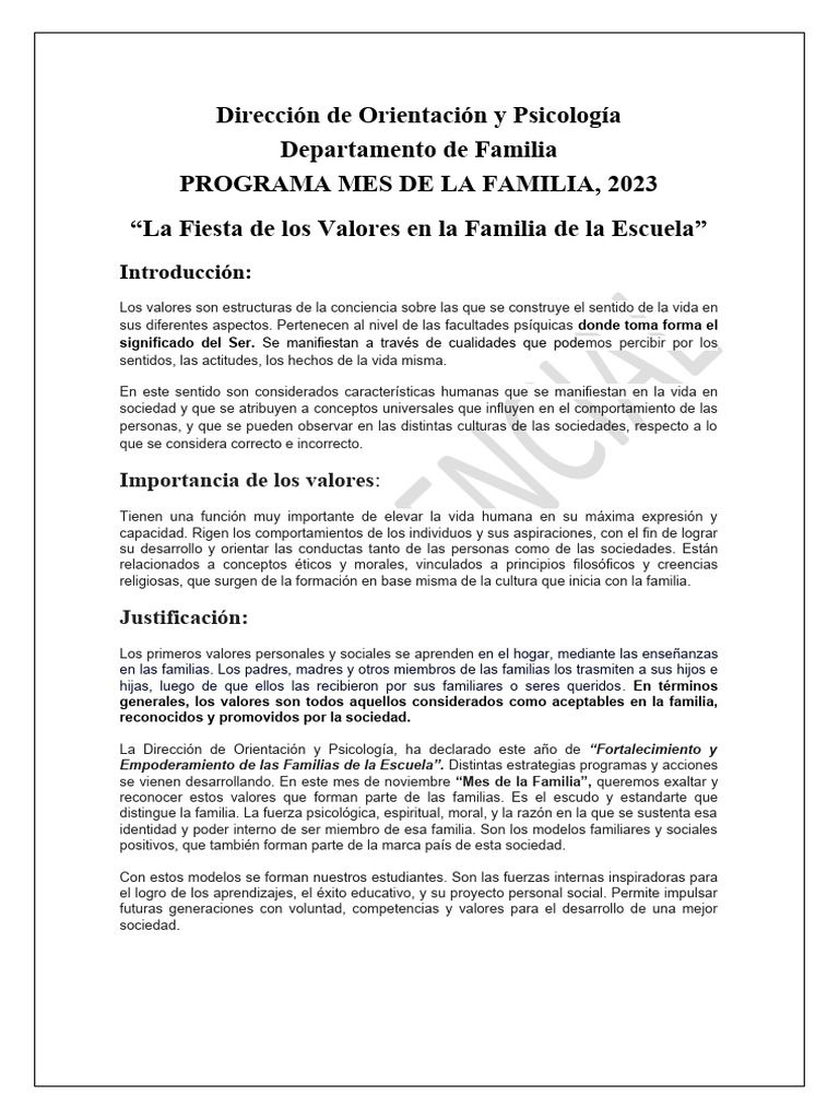 Programa Mes de La Familia 2023 - 1 | PDF | Familia | Comportamiento