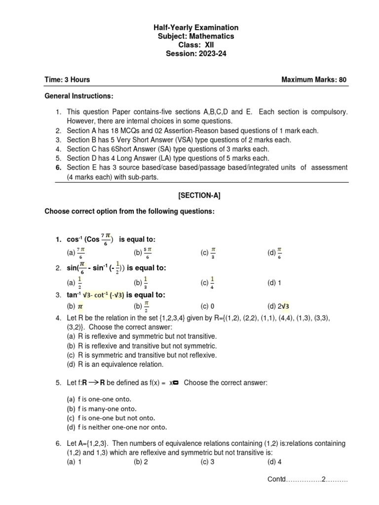 Half Yearly Examination Maths of XII Class Question Paper 2023 24 | PDF | Mathematical Analysis ...