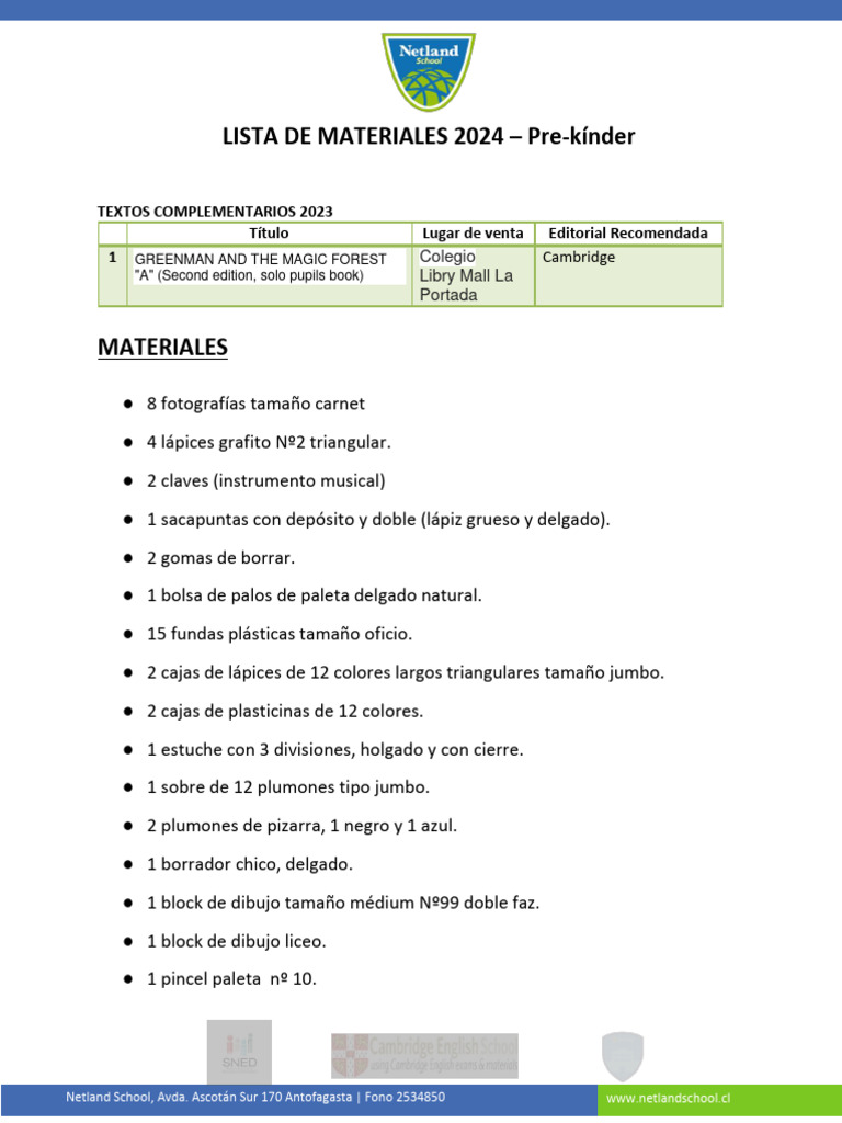 Lista de Materiales Pre Kinder 2024 | PDF | Lápiz | Materiales de Conservación y Restauración
