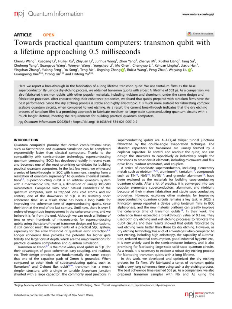 Towards Practical Quantum Computers: Transmon Qubit With A Lifetime Approaching 0.5 Milliseconds ...