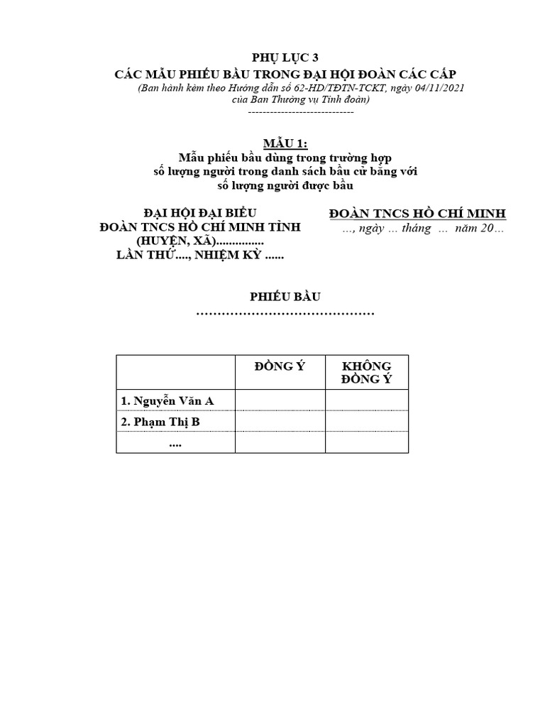 Phu Luc 3 - Cac Mau Phieu Bau Trong Dai Hoi Doan Cac Cap | PDF