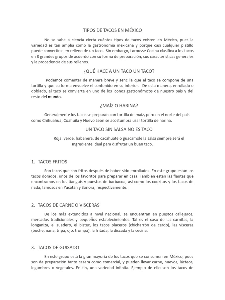 TIPOS DE TACOS EN MÉXICO | PDF | Taco | Cocina mexicana