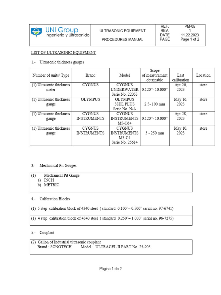 Ultrasonic Equipment Procedures Manual | PDF | Calibration | Metrology