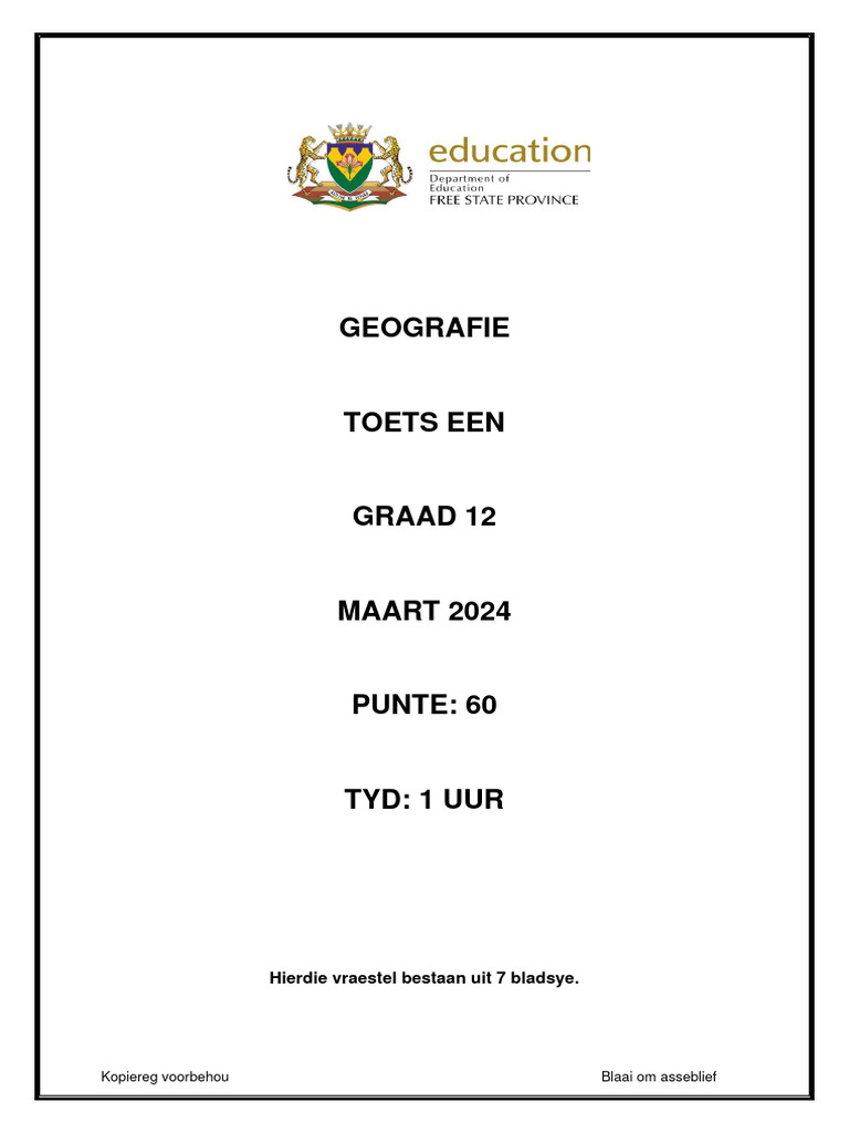 Final 2024 GR 12 Geo Toets 1 Afr QP | PDF