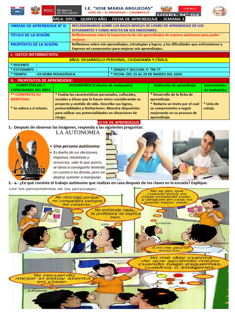 Ficha de Aprendizaje - 5to Año - DPCC - Unid 0 - Sem 3 - I Trim. - Enviar Area Ccss. | PDF ...