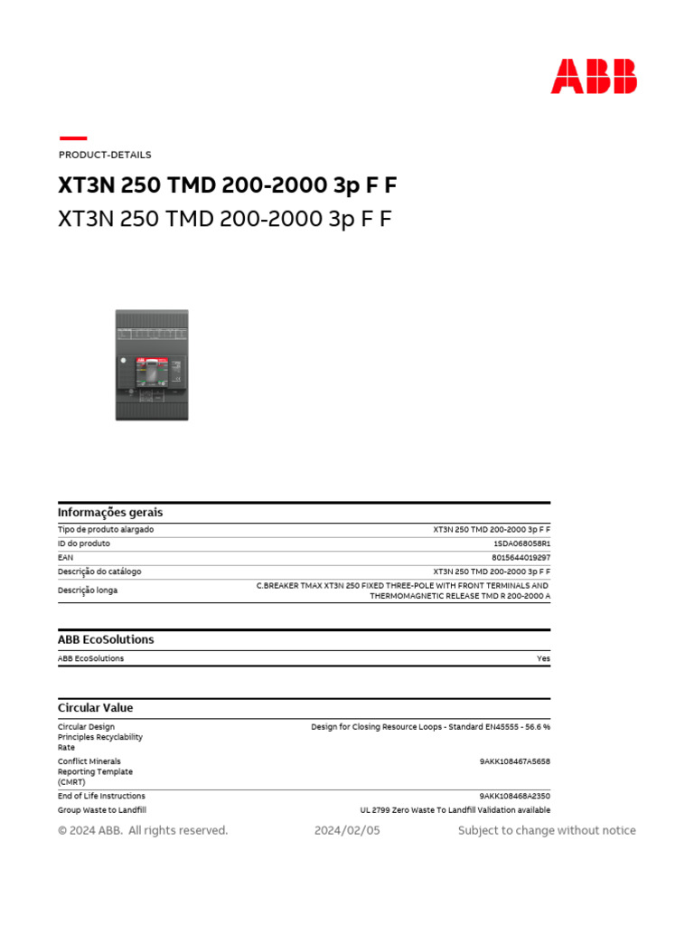 1SDA068058R1 xt3n 250 TMD 200 2000 3p F F | PDF | Power (Physics ...