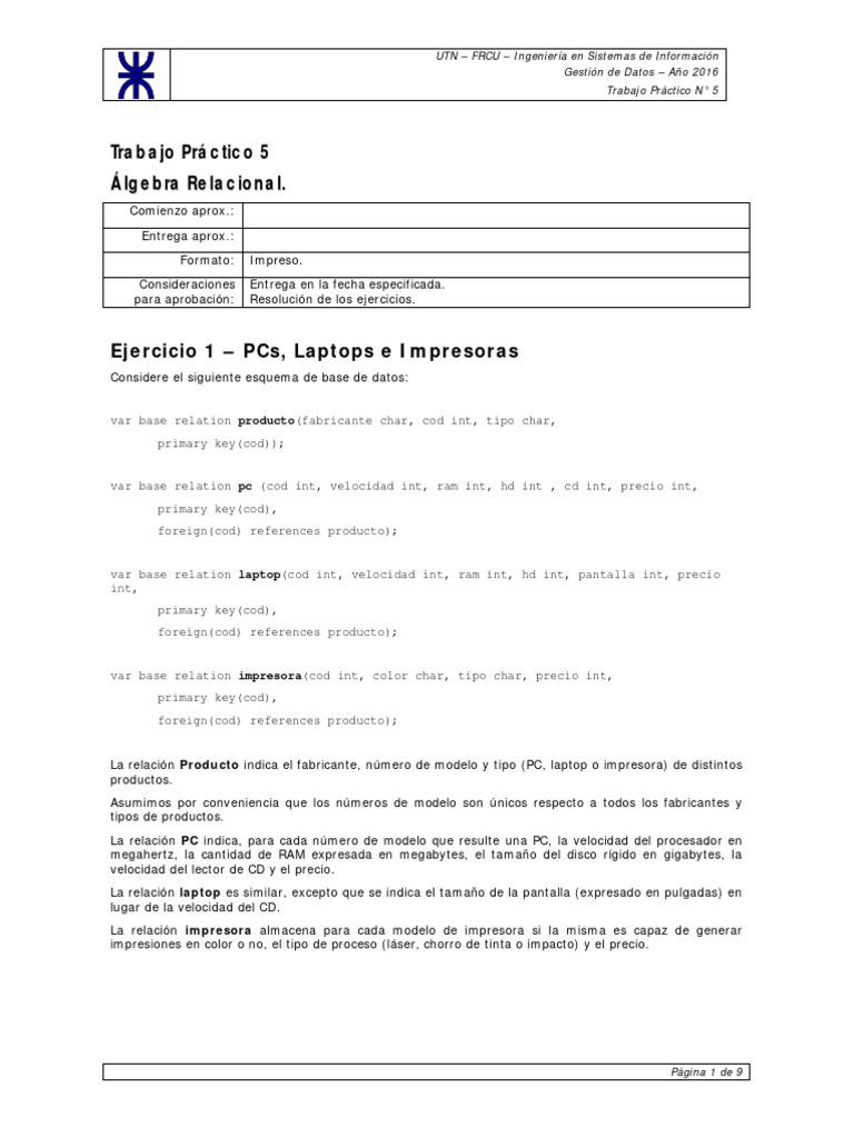 UTN-FRCU Gestion de Datos TP5 2016 | PDF | Ordenador portátil | Disco compacto