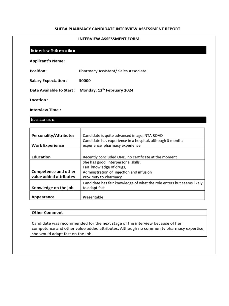 Interview Assessment Form PDF Pharmacy Health Care