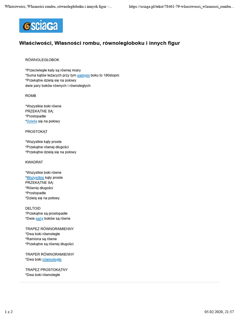 Właściwości, Własności Rombu, Równoległoboku I Innych Figur - Sciaga - PL | PDF