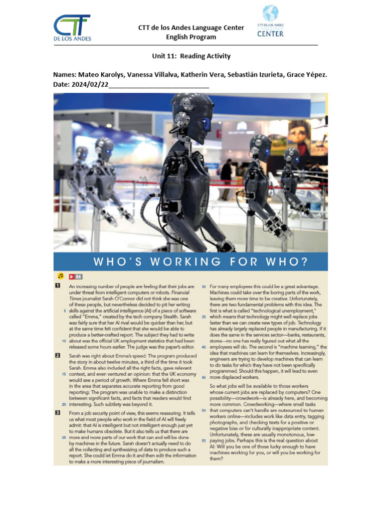 Unit 11 - Reading Activity | PDF | Artificial Intelligence | Intelligence (AI) & Semantics