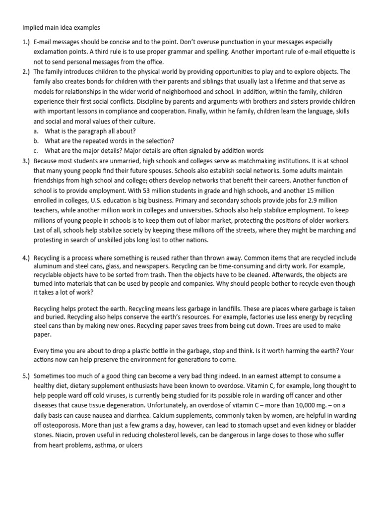 Examples of Implied Main Ideas | PDF | Recycling | Waste
