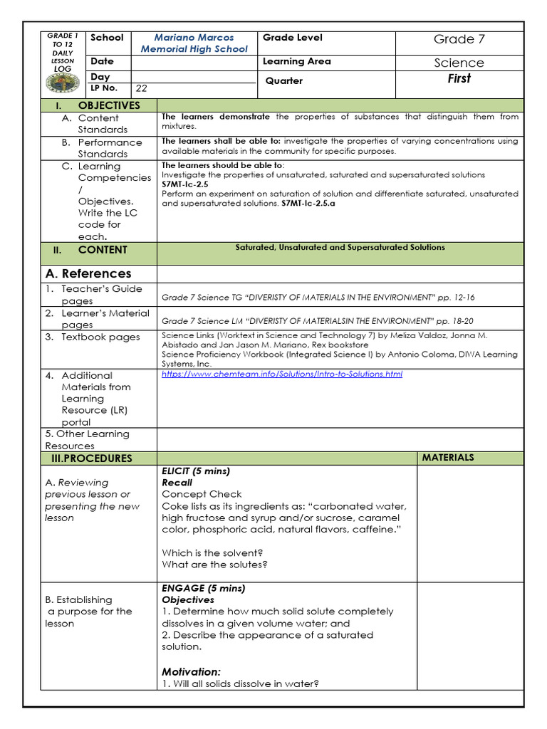 Grade 7 Science Lesson Plan | PDF | Solubility | Physical Chemistry