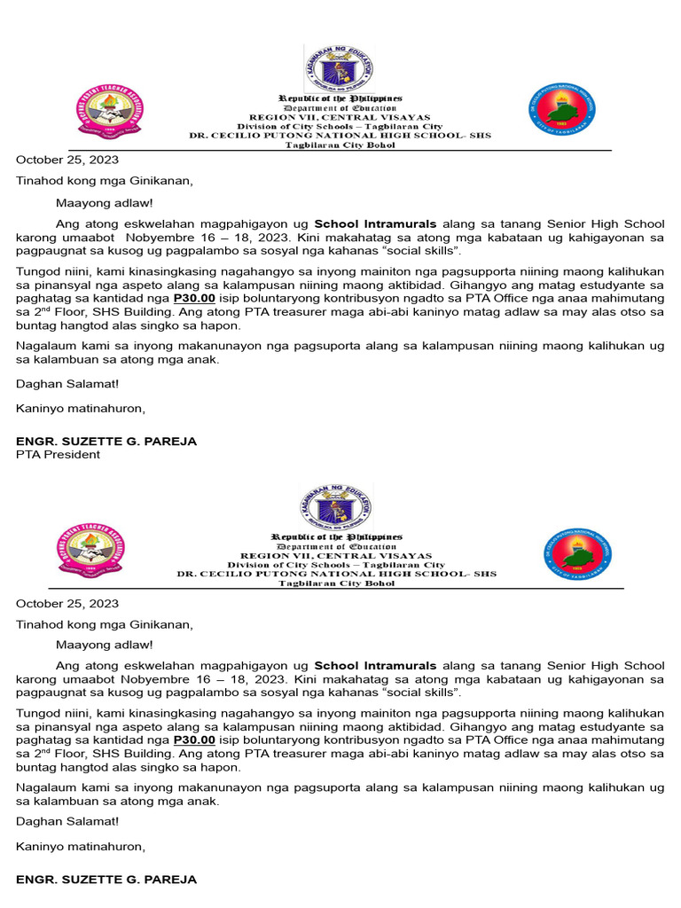 Letter For Contribution Intrams | PDF